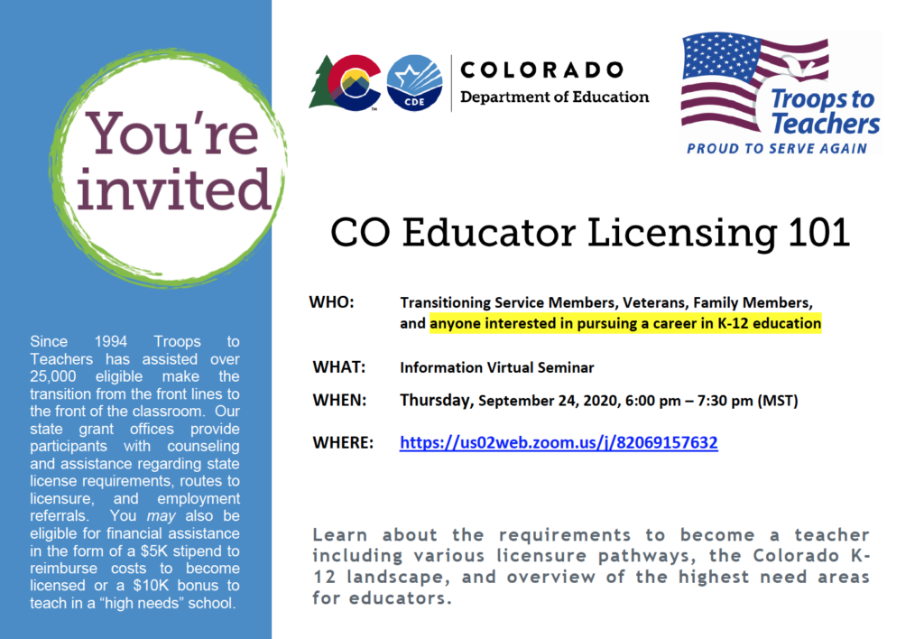 Troops to Teachers: Licensing 101 Virtual Seminar – Colorado JCF